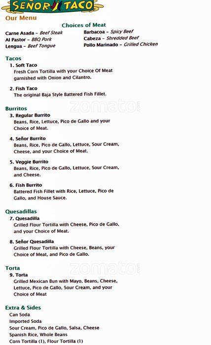 Menu at Señor Taco restaurant, Federal Way
