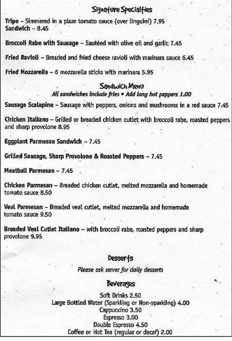 Menu at Scannicchio's restaurant, Philadelphia