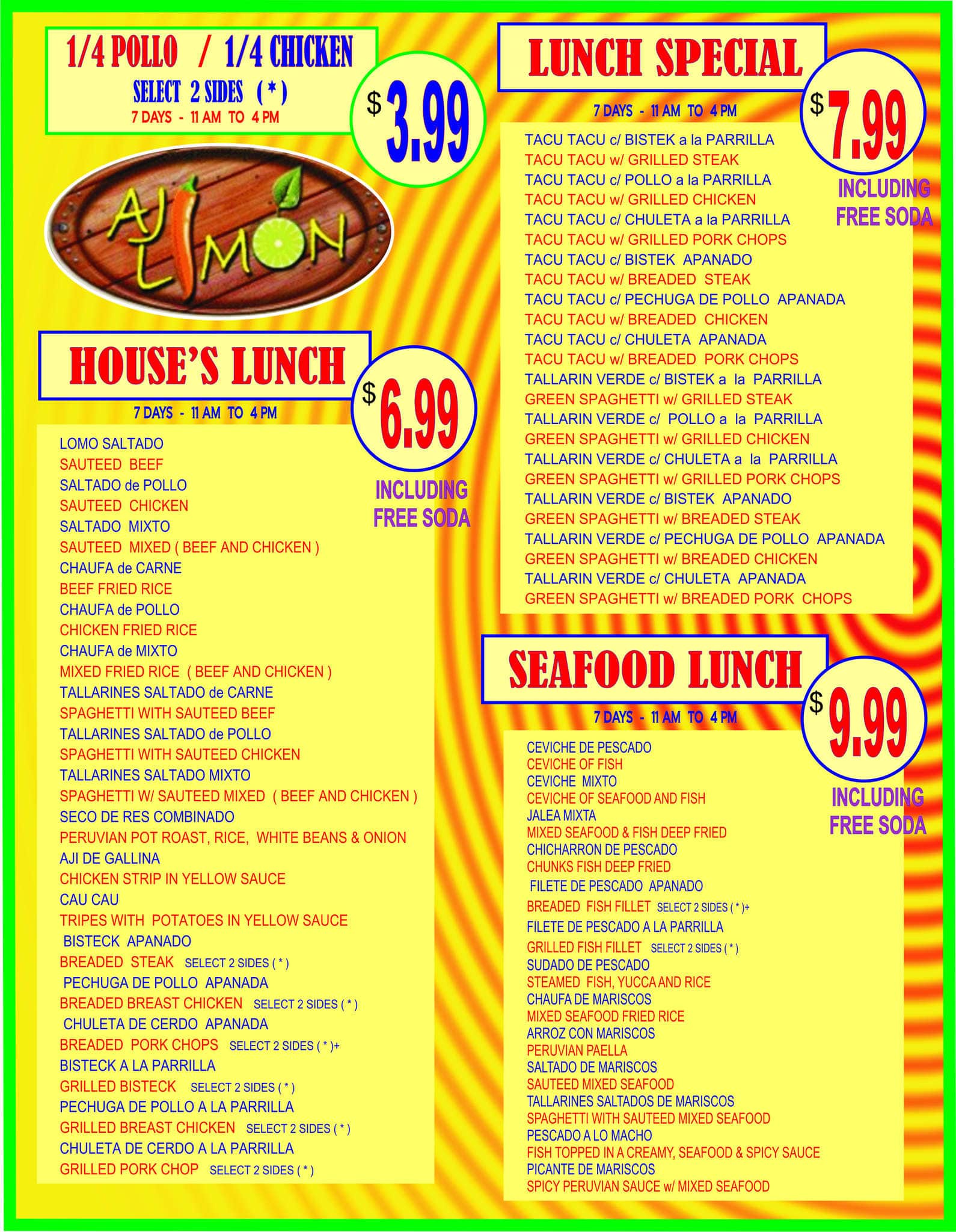 Menu at Aji Limon Peruvian Restaurant, Cape Coral, NE Pine Island Rd