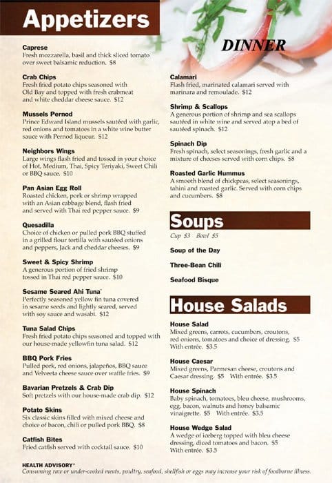 Menu at Neighbors Place pub & bar, Lynchburg