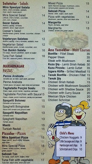 Menu at Cafe Mira, Turgutreis