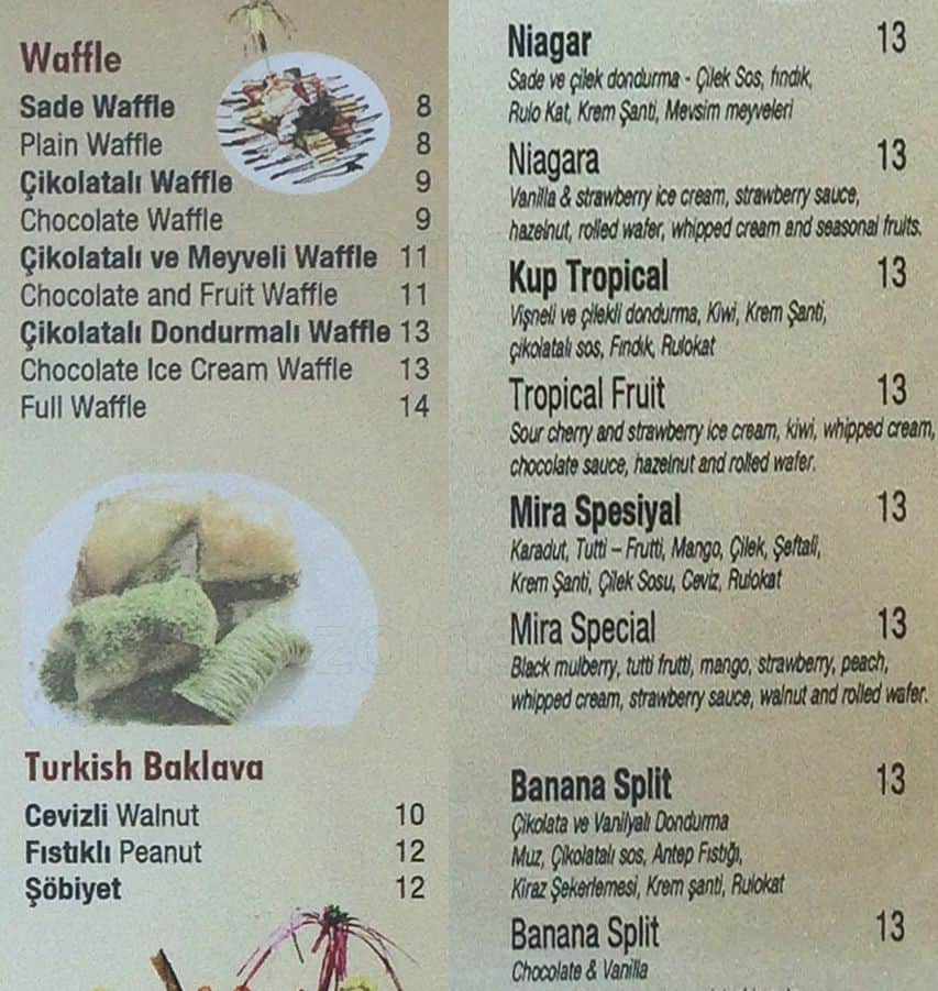 Menu at Cafe Mira, Turgutreis