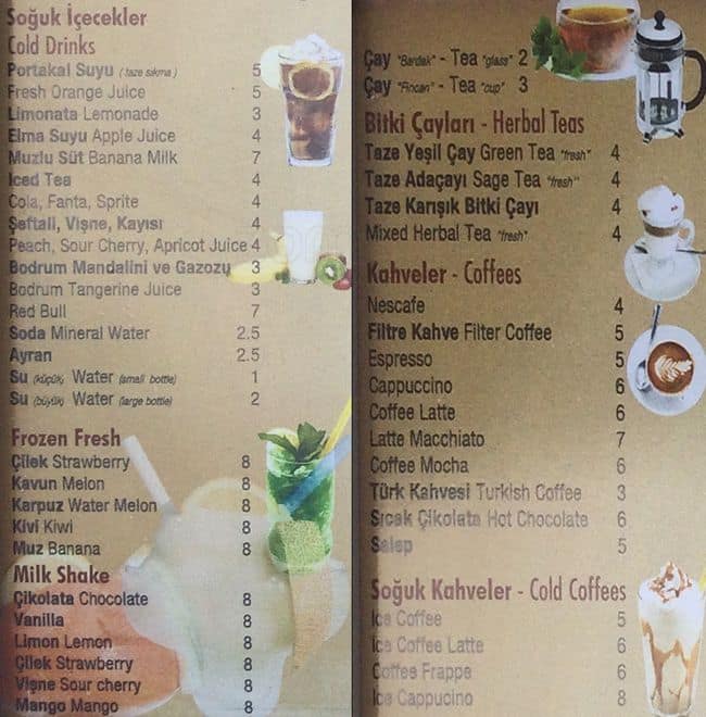 Menu at Cafe Mira, Turgutreis
