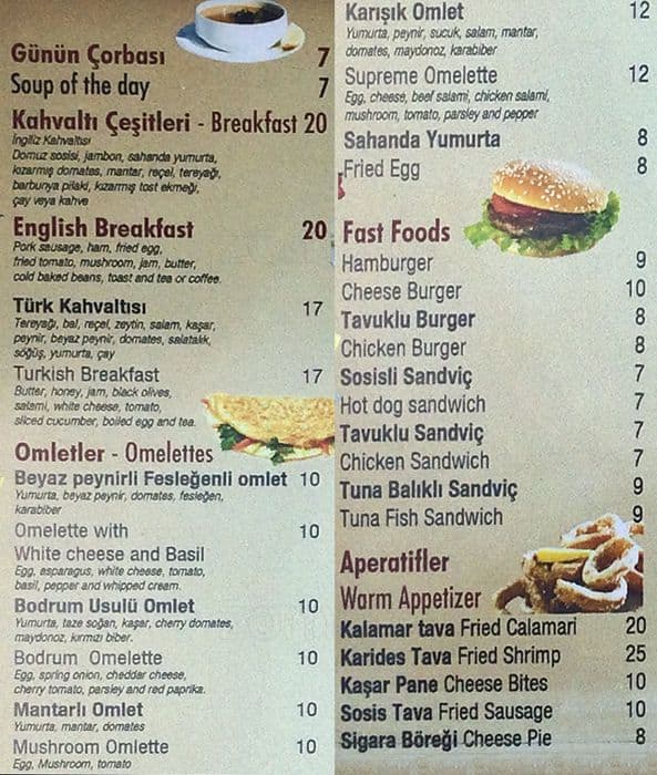 Menu at Cafe Mira, Turgutreis