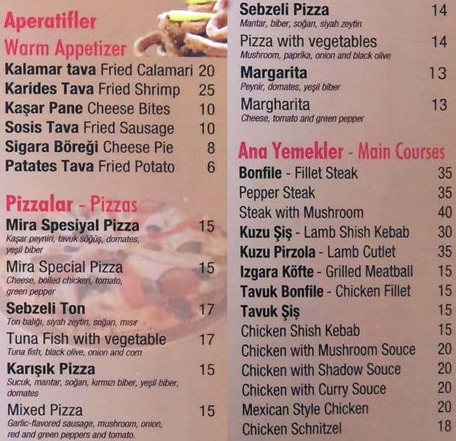 Menu at Cafe Mira, Turgutreis