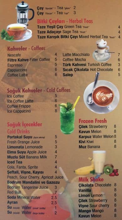 Menu at Cafe Mira, Turgutreis