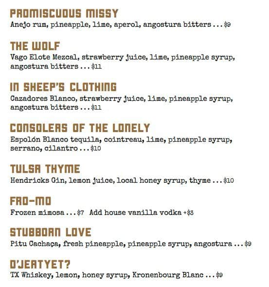 Menu at Roosevelt's pub & bar, Tulsa