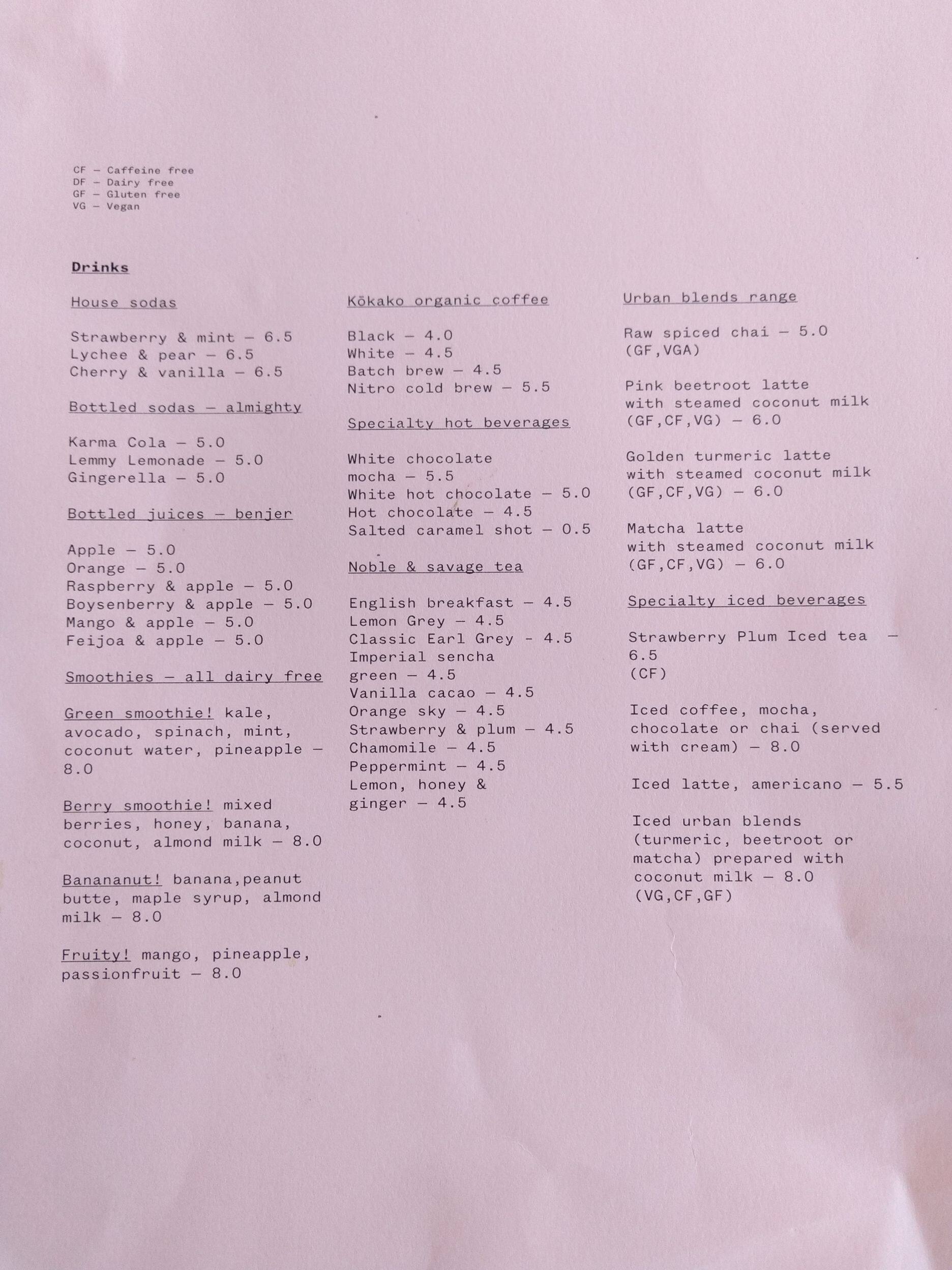 Menu at Scout cafe, Auckland