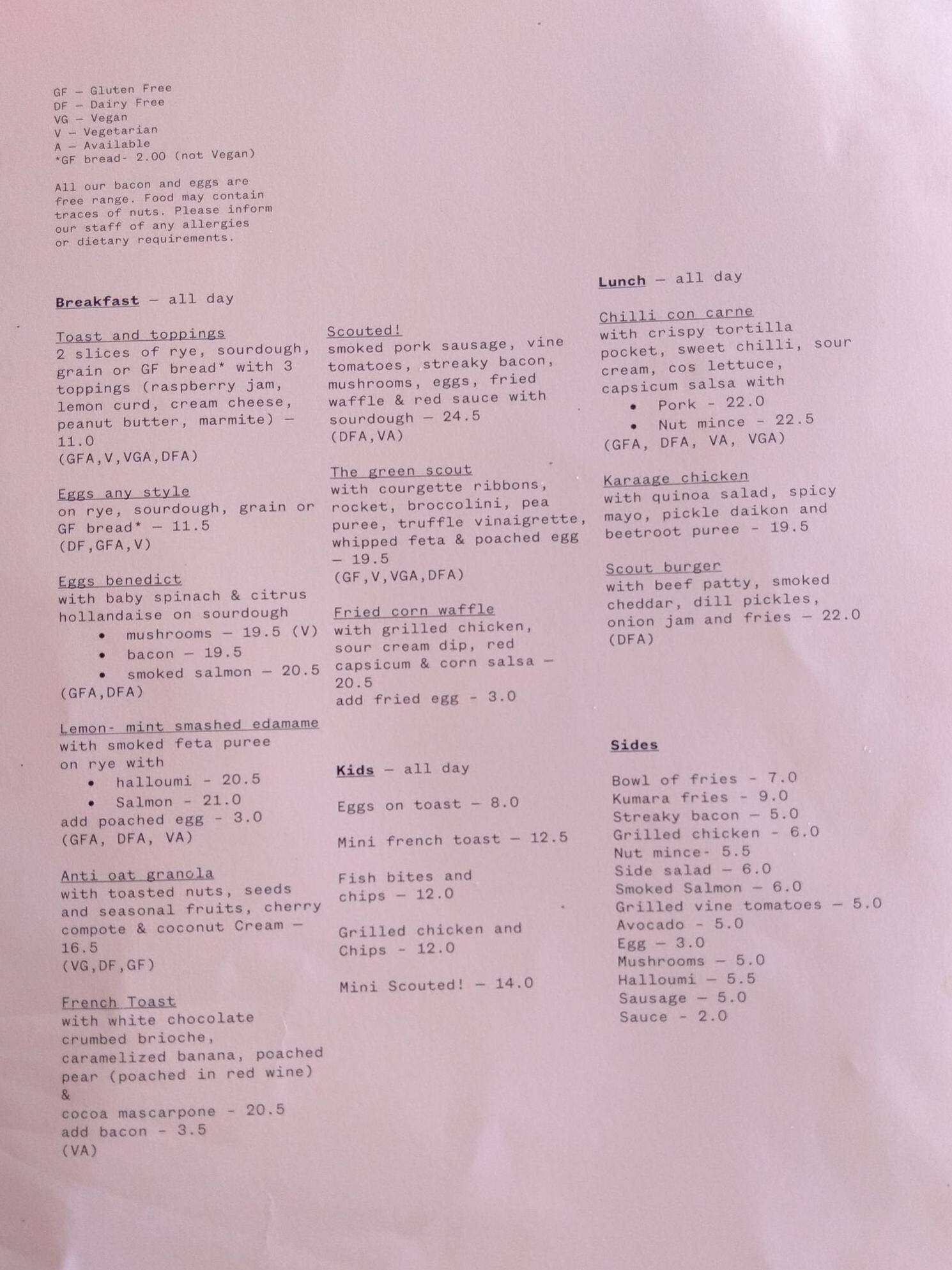 Menu at Scout cafe, Auckland