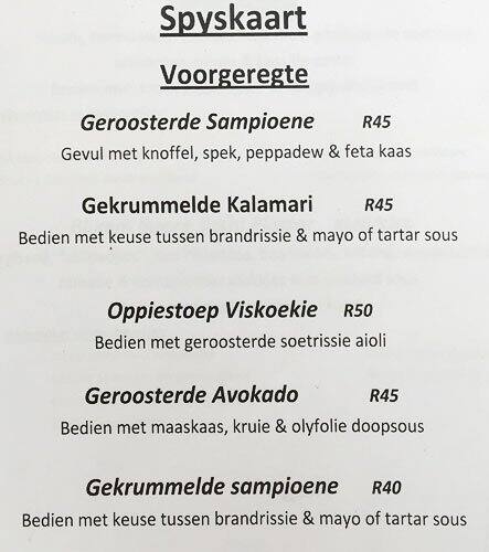 Menu at Oppiestoep restaurant, Paarl