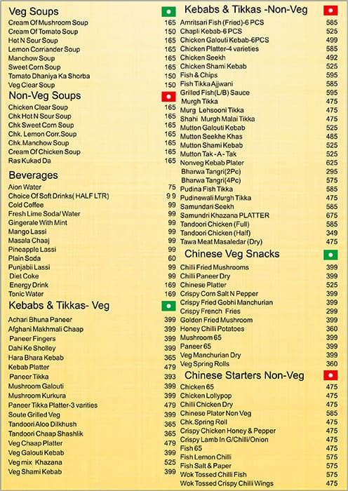 Menu of La Taj, Mathura Road, New Delhi