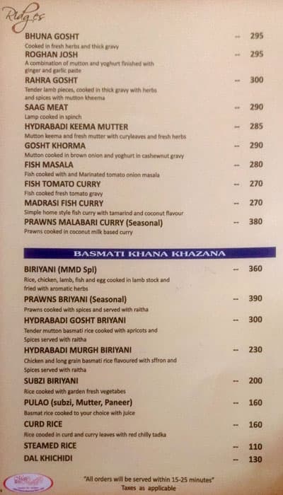 Menu at Moti Mahal, Thiruvananthapuram