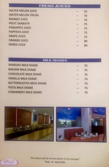 Menu at Moti Mahal, Thiruvananthapuram