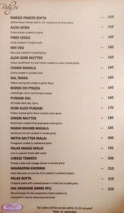 Menu at Moti Mahal, Thiruvananthapuram