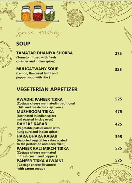 Menu of Spice Factory, Sector 29, Gurgaon