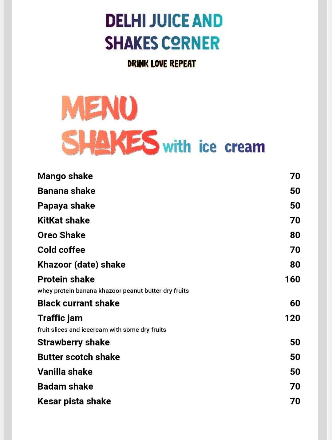 Menu of Delhi Juice & Shakes Corner, Gillco Valley, Mohali