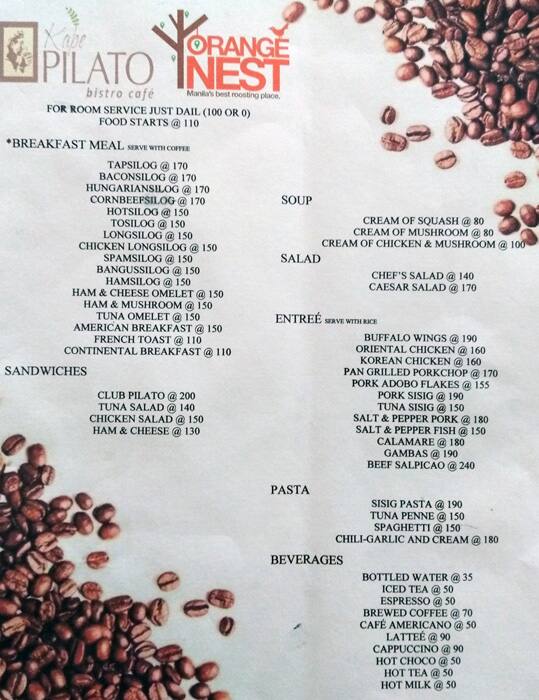 Menu at Kape Pilato Bistro Cafe, Manila