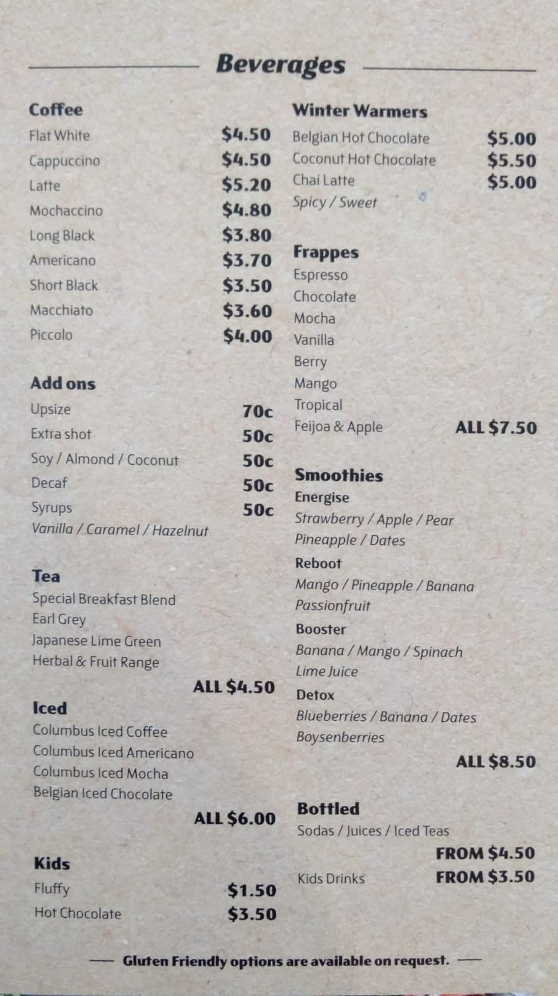 Menu at Columbus Coffee cafe, Auckland, Mitre 10 Mega