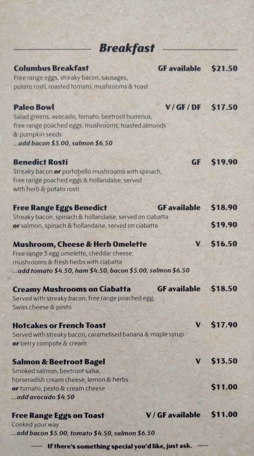 Menu at Columbus Coffee cafe, Auckland, Mitre 10 Mega