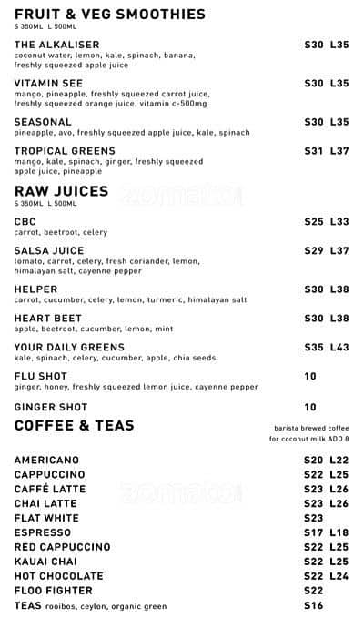 Menu at KAUAI restaurant, Durban, Inside Virgin Active