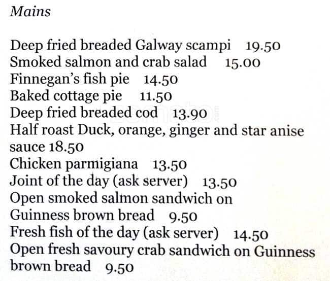 Menu at Finnegan's pub & bar, Dublin, 1 Sorrento Road