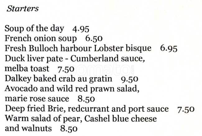 Menu at Finnegan's pub & bar, Dublin, 1 Sorrento Road