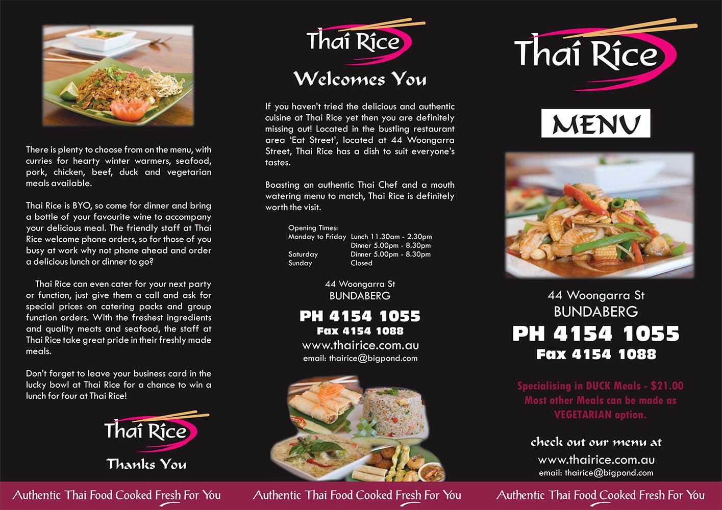 Menu at Thai Rice, Bundaberg Central