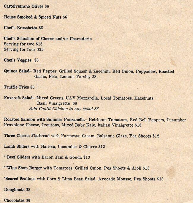 Menu at Foxcroft Wine Co. SouthPark pub & bar, Charlotte, Fairview Rd
