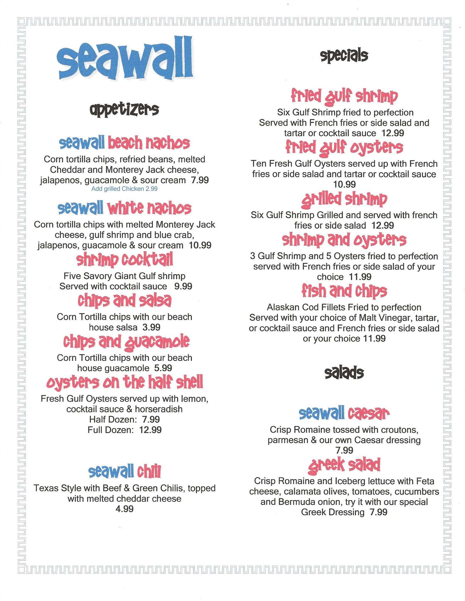 Menu at Seawall Food & Spirits restaurant, Corpus Christi