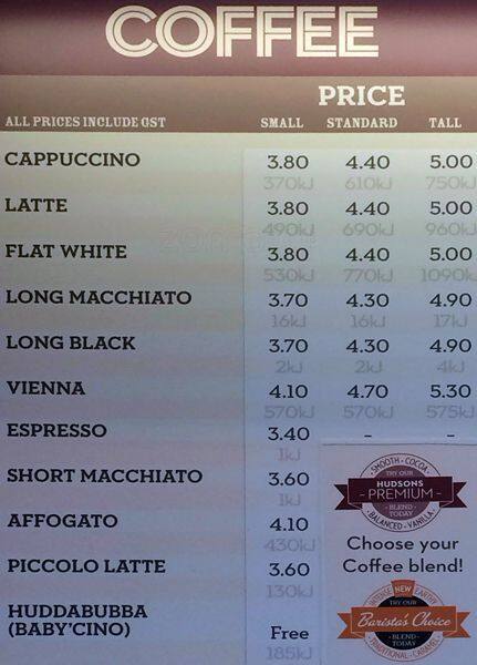 Menu at Hudsons Coffee restaurant, Bedford Park