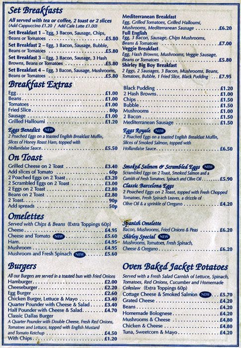 Menu at Shirley Cafe, Croydon, 219 Wickham Rd