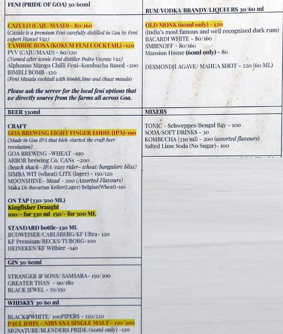 Menu of Joseph Bar, Panaji, Goa
