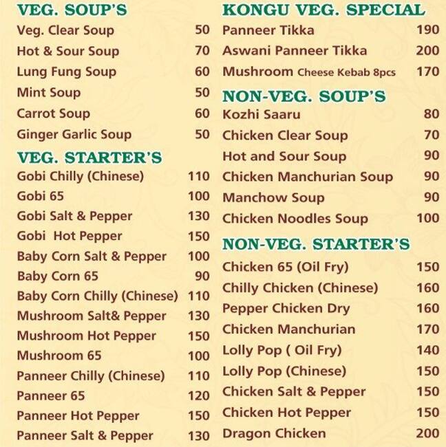 Menu of Kongu Foods, Singanallur, Coimbatore