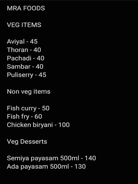 Menu of MRA Foods, Thycaud, Trivandrum