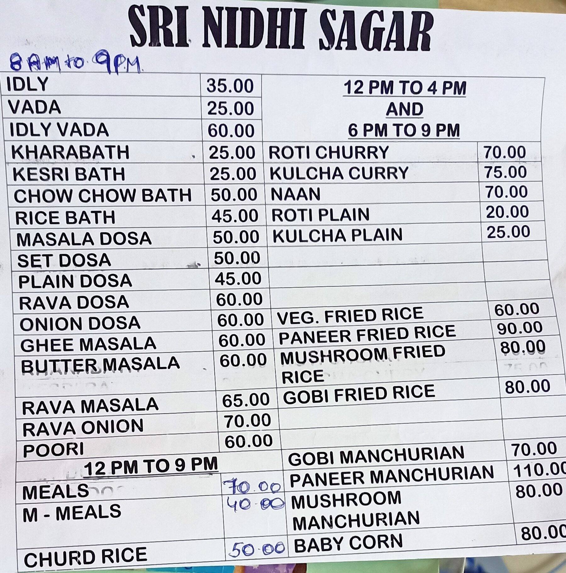 Menu of Srinidhi Sagar, HSR, Bangalore