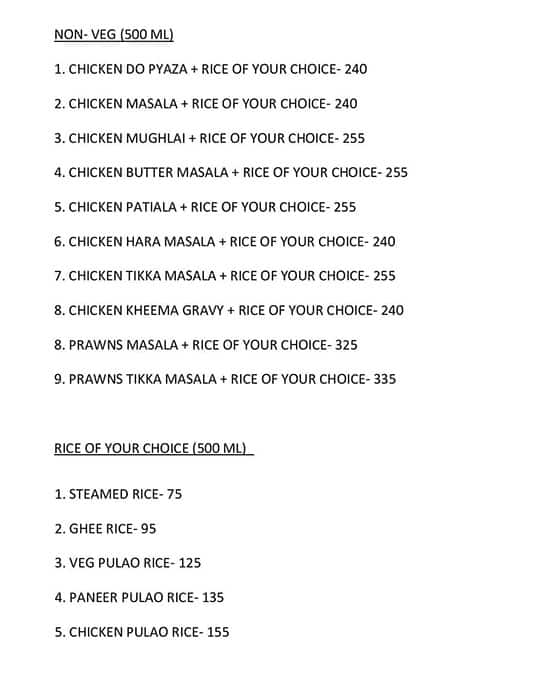 Menu of Indian Rasoi, Palayam, Trivandrum