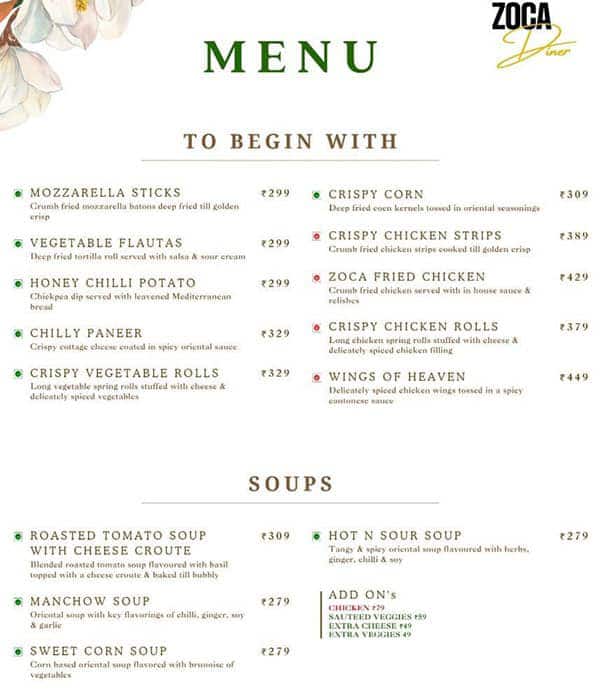 Menu of Zoca Diner, Basai Village, Gurgaon