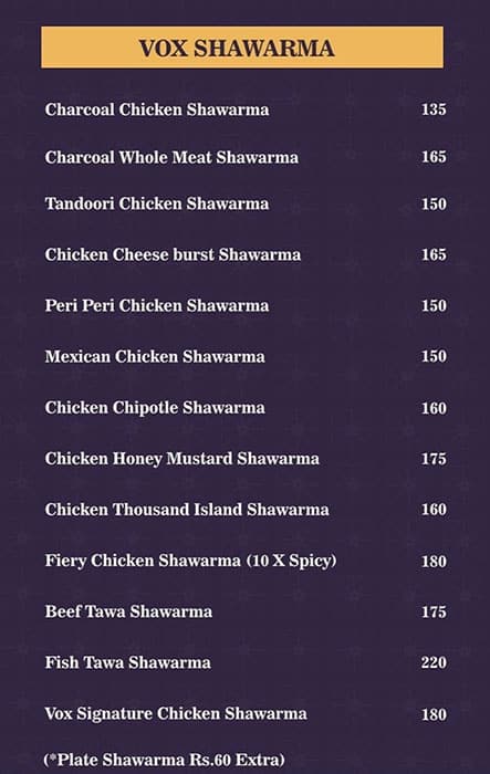 Menu of Vox Qabil - e- Tareef, Sarjapur Road, Bangalore