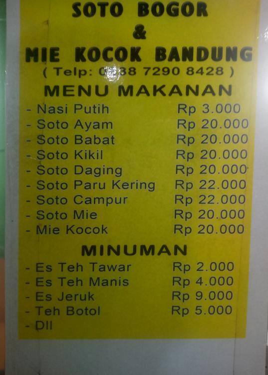 Menu at Soto Bogor Pak Ace restaurant, West Jakarta, Season City Lantai ...
