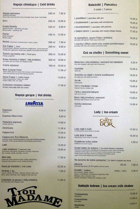 Menu at Trou Madame cafe, Warsaw, Agrykola 1