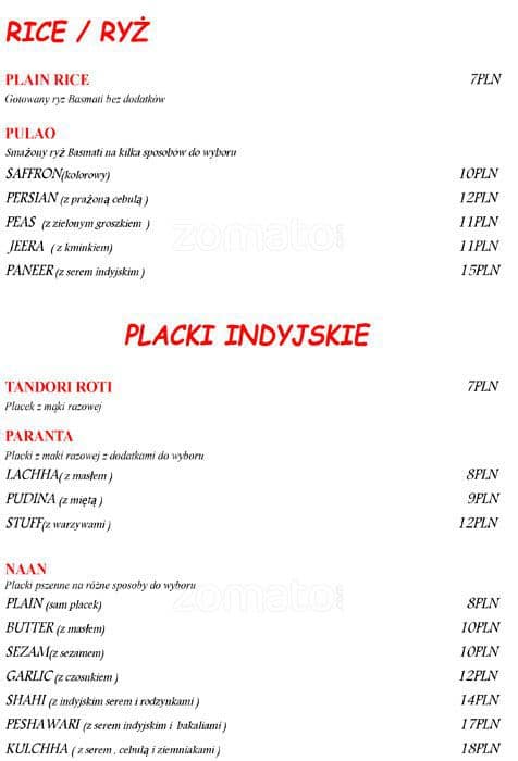 Menu at Parivar Restaurant, Warsaw, al. Jerzego Waszyngtona 75