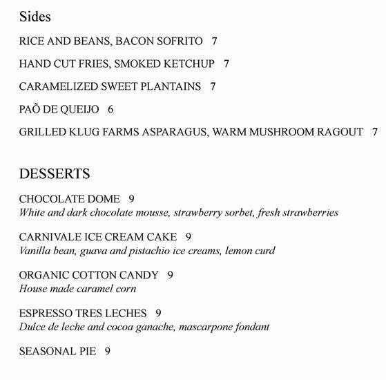 Menu at Carnivale pub & bar, Chicago