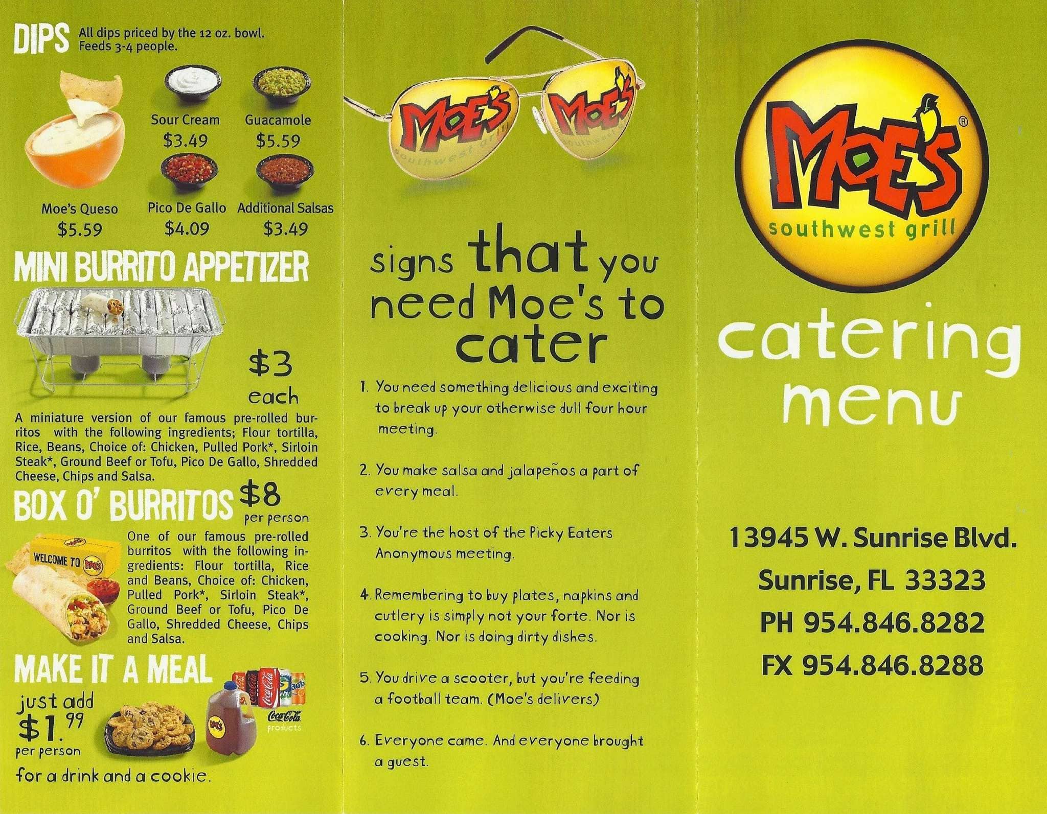 Menu at Moe's Southwest Grill restaurant, Sunrise, W Sunrise Blvd