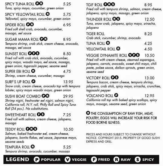 Menu at GoGo Sushi restaurant, Oklahoma City