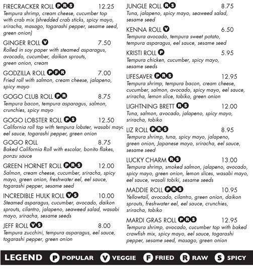 Menu at GoGo Sushi restaurant, Oklahoma City