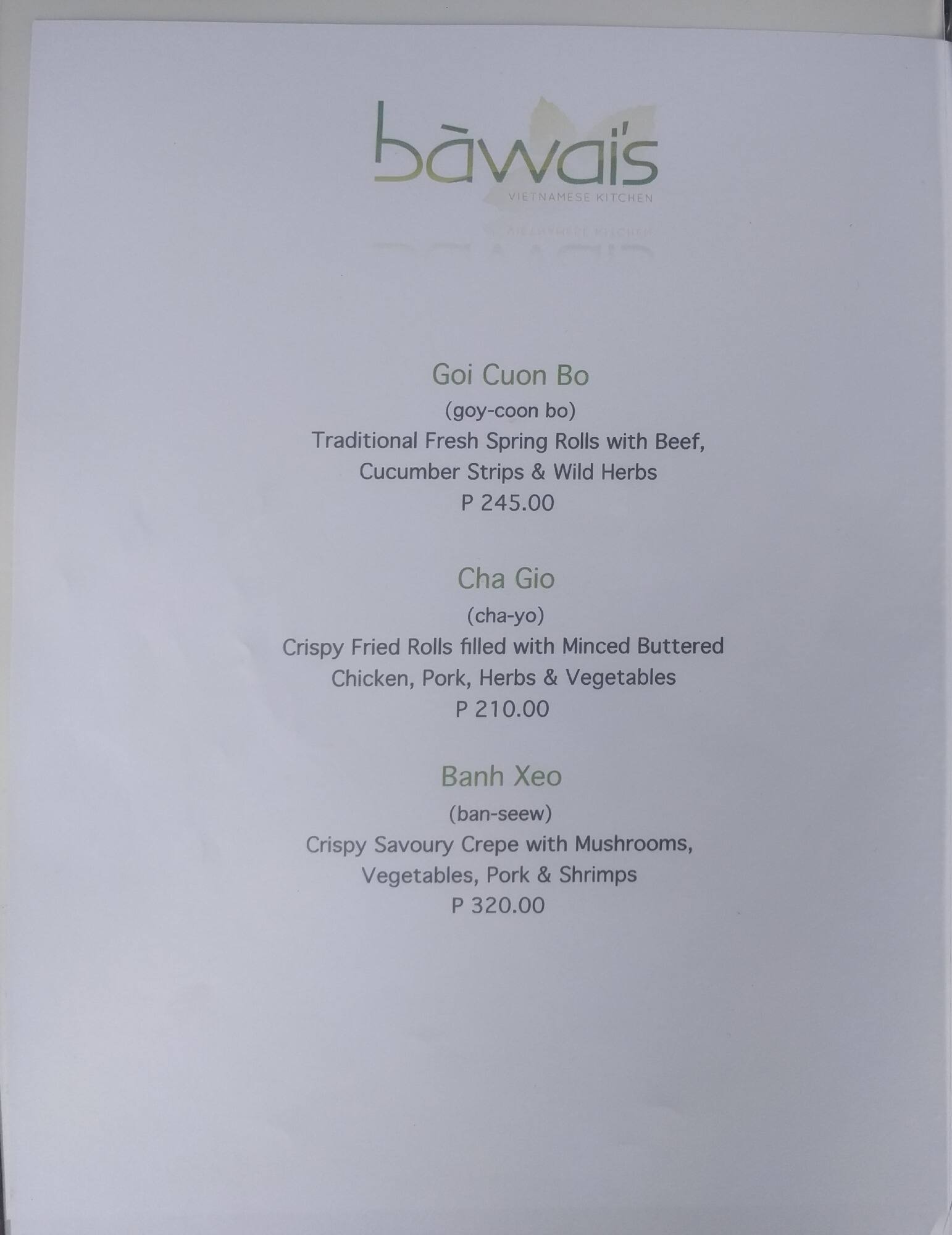 Menu at House of Bawai restaurant, Santa Rosa