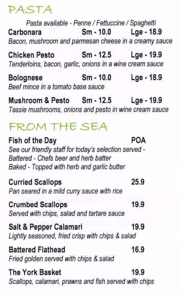 Menu at York Hotel restaurant, Granton