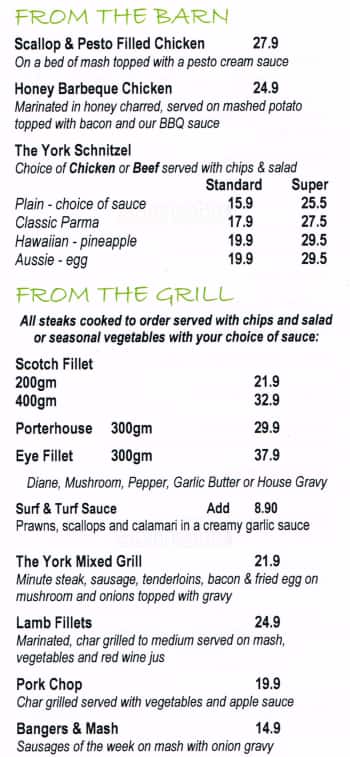Menu at York Hotel restaurant, Granton