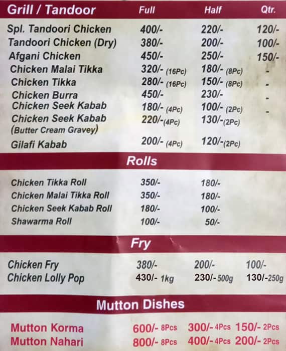 Menu of A One Chicken Point, Inderlok, New Delhi