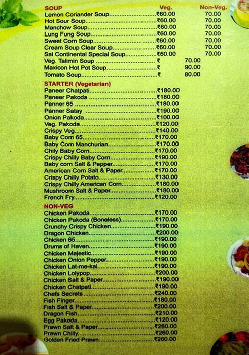 Menu at Sai Continental, Cuttack